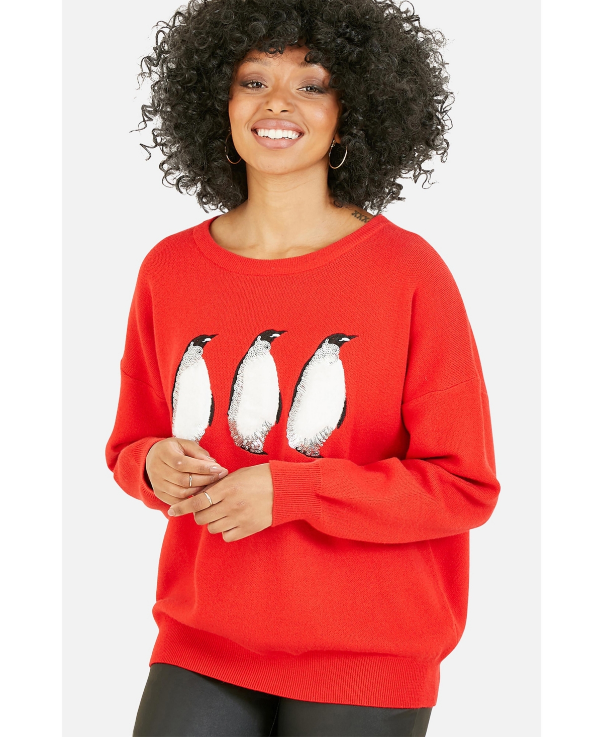 Click here for Yumi Womens Festive Penguin Knitted Sweater - Red prices