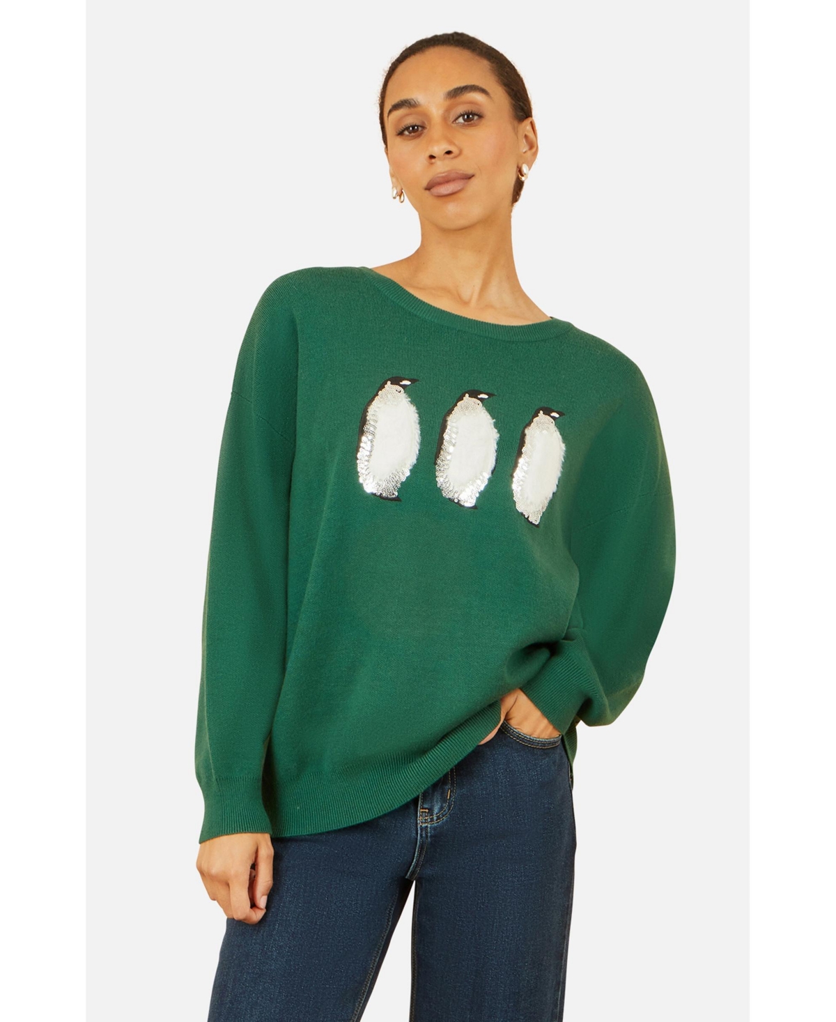 Click here for Yumi Womens Festive Penguin Knitted Sweater - Gree... prices