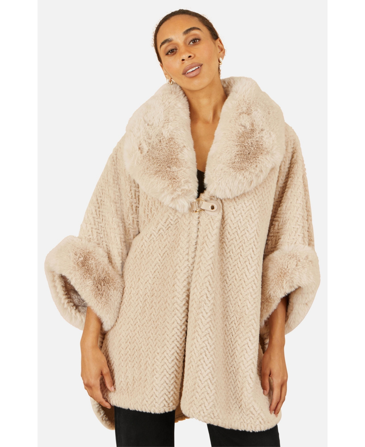 Click here for Yumi Womens Textured Faux Fur Lined Cape - Beige prices