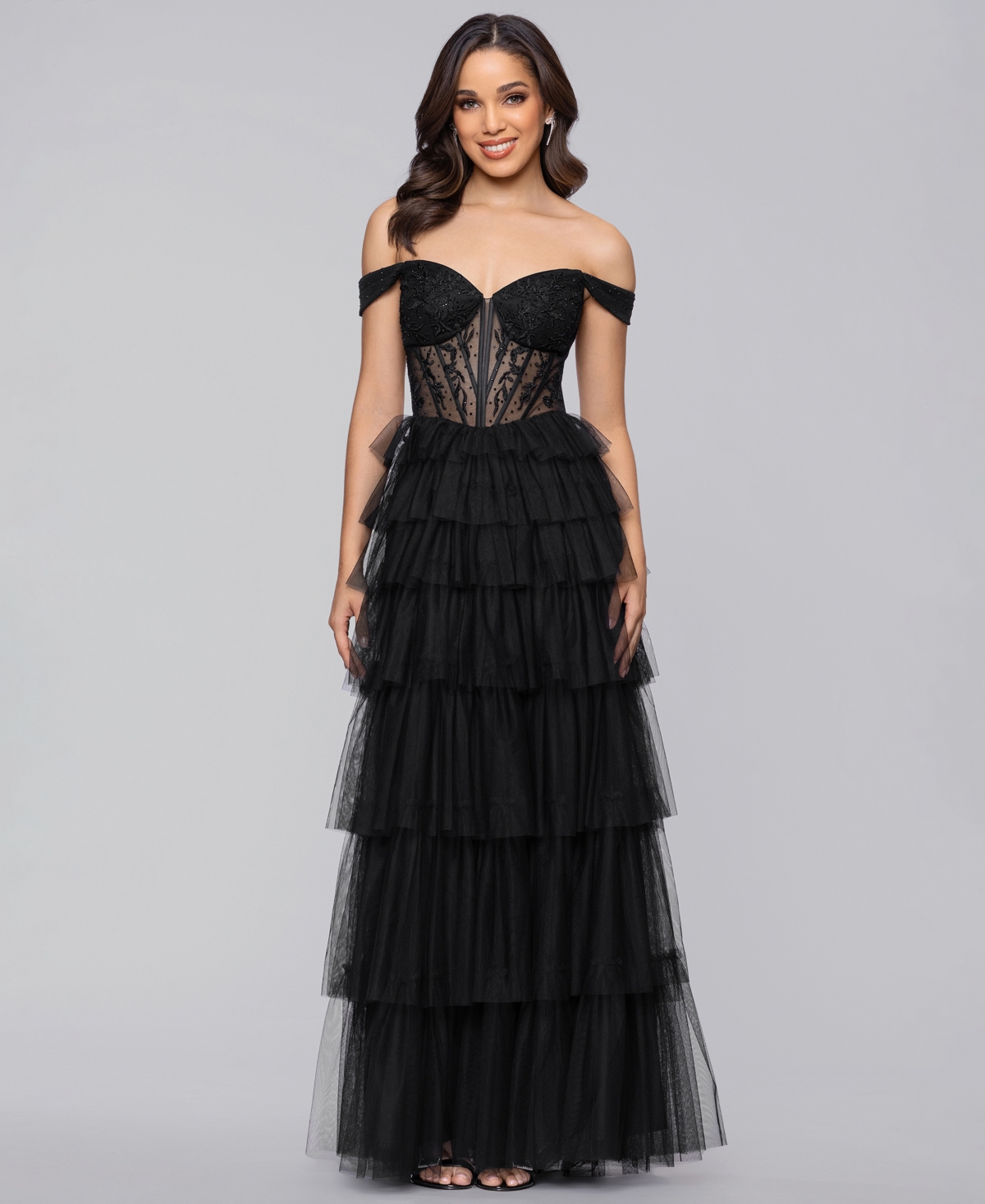 Click here for Blondie Nites Juniors Off-The-Shoulder Tiered Ball... prices