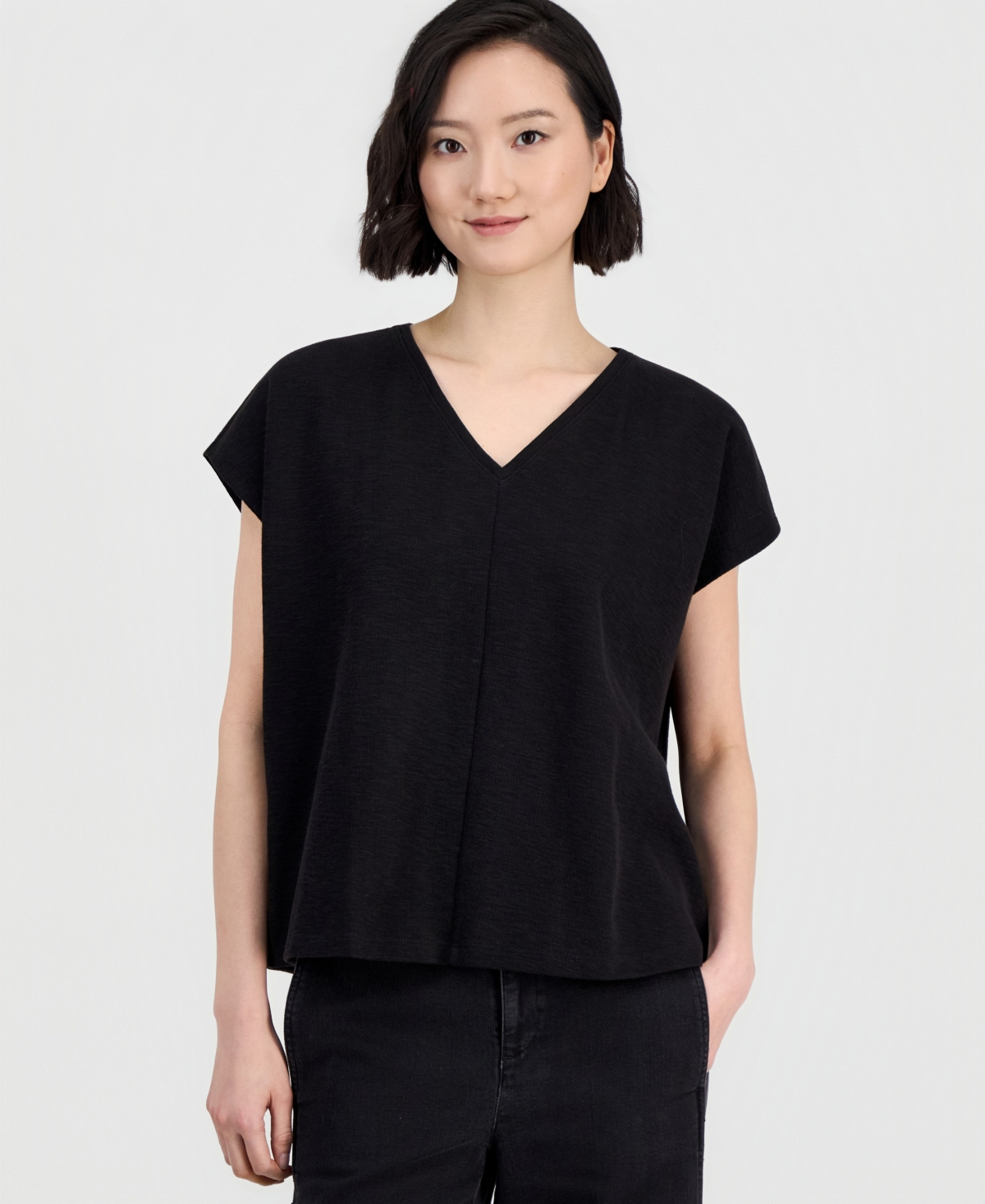 Click here for Eileen Fisher Womens Boxy V-Neck Cap-Sleeve Top -... prices