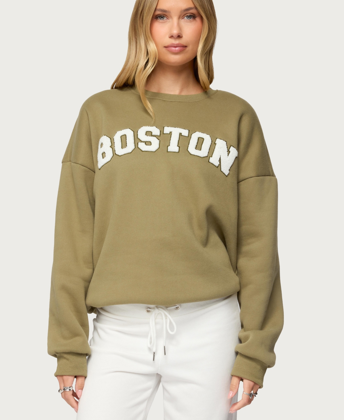 Click here for Edikted Womens Boston Girl Sweatshirt - Olive prices