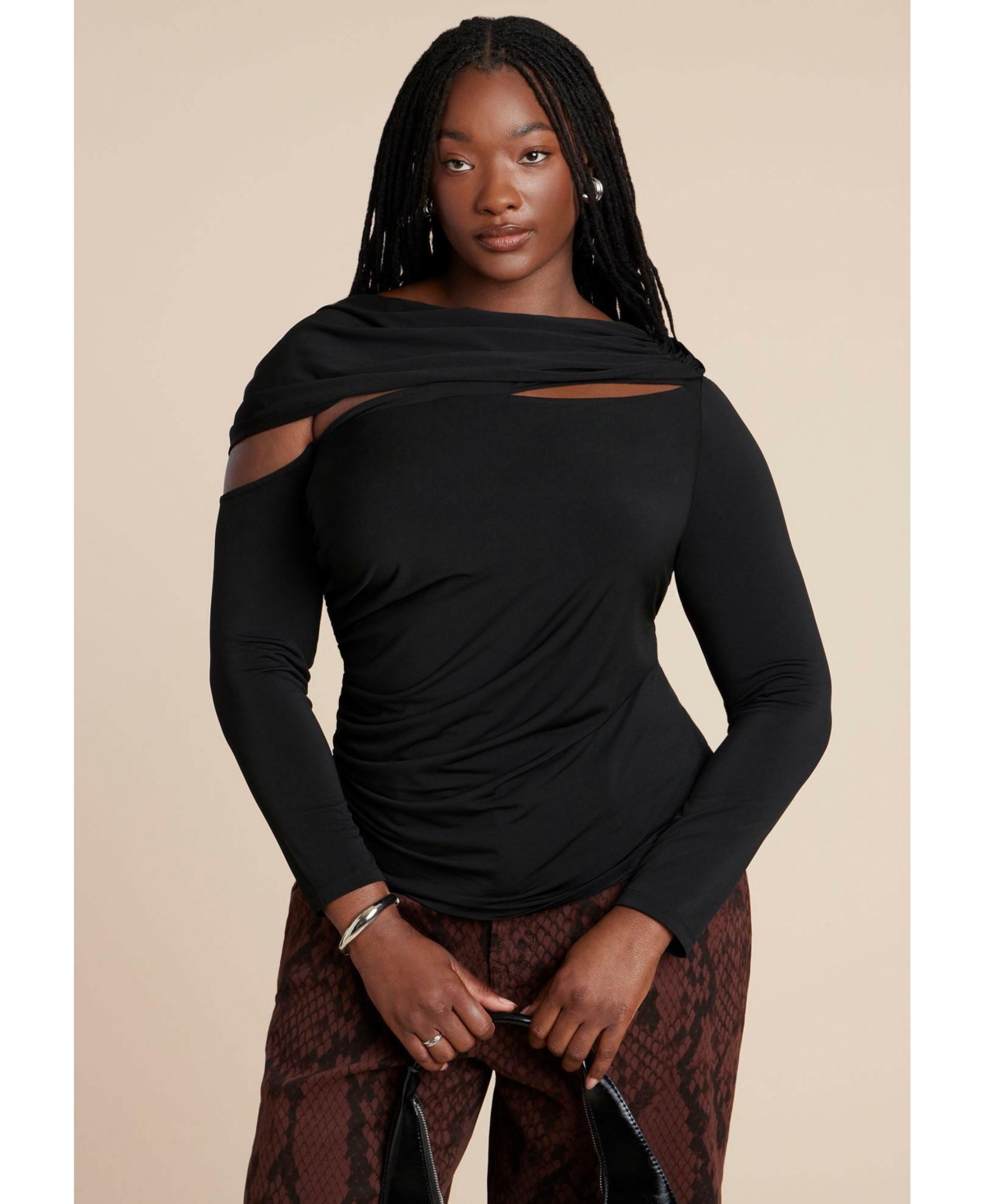 Click here for Eloquii Womens Sliced Asym Neck Top - Black onyx prices