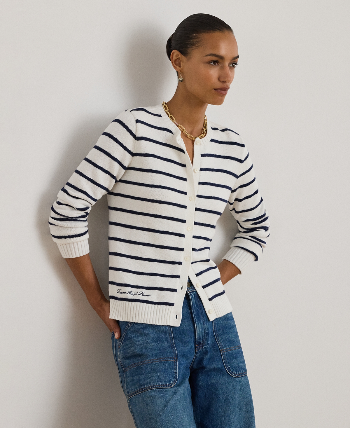 Click here for Lauren Ralph Lauren Petite Striped Cardigan - Whit... prices