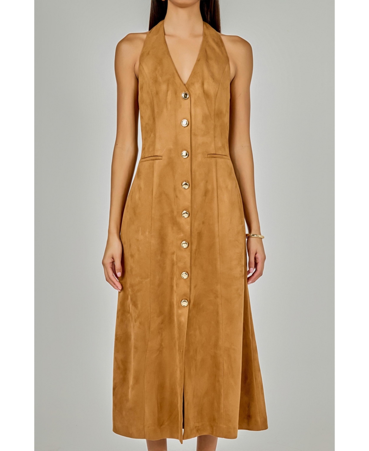 Click here for endless rose Womens Suede Fitted Midi Dress - Tan prices