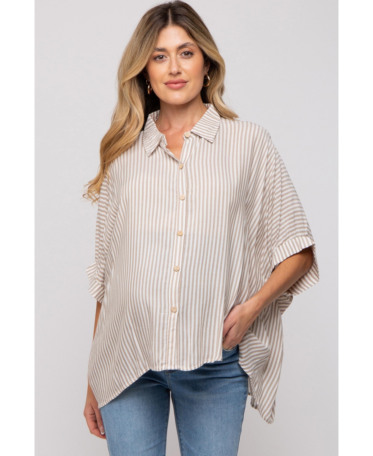 Click here for Pinkblush Maternity Taupe Striped Button Up Dolman... prices