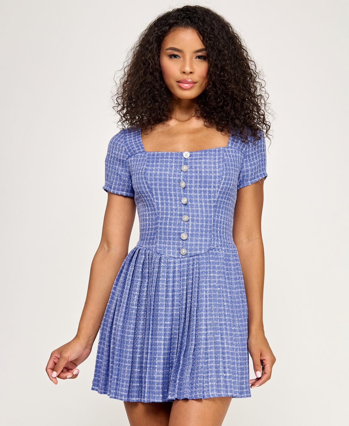 Click here for Seni & Cade Juniors Square Neck Pleated Dress - Pe... prices