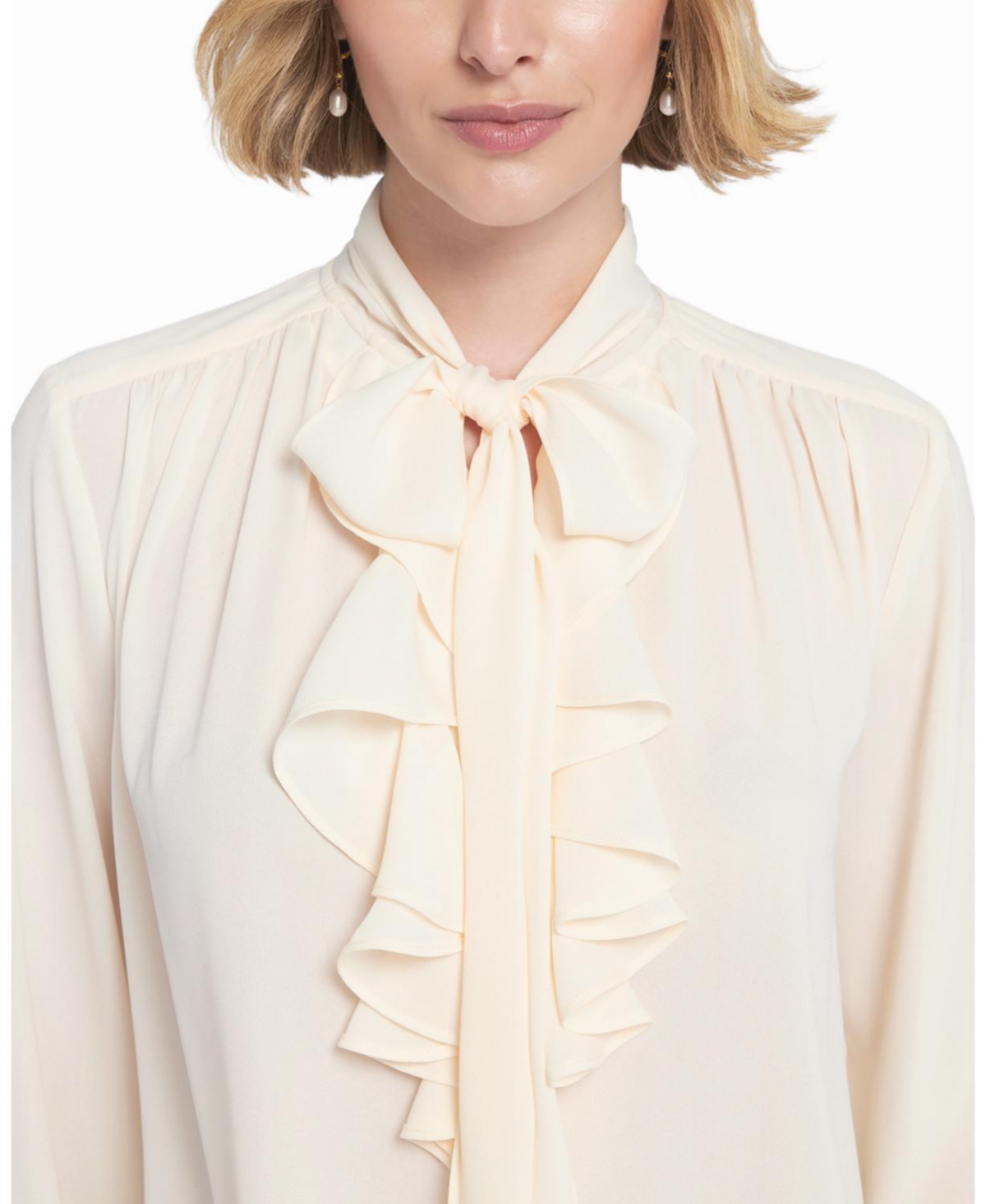 Elle Collection Womens Flounce-Trimmed Tie-Neck Blouse Top - White