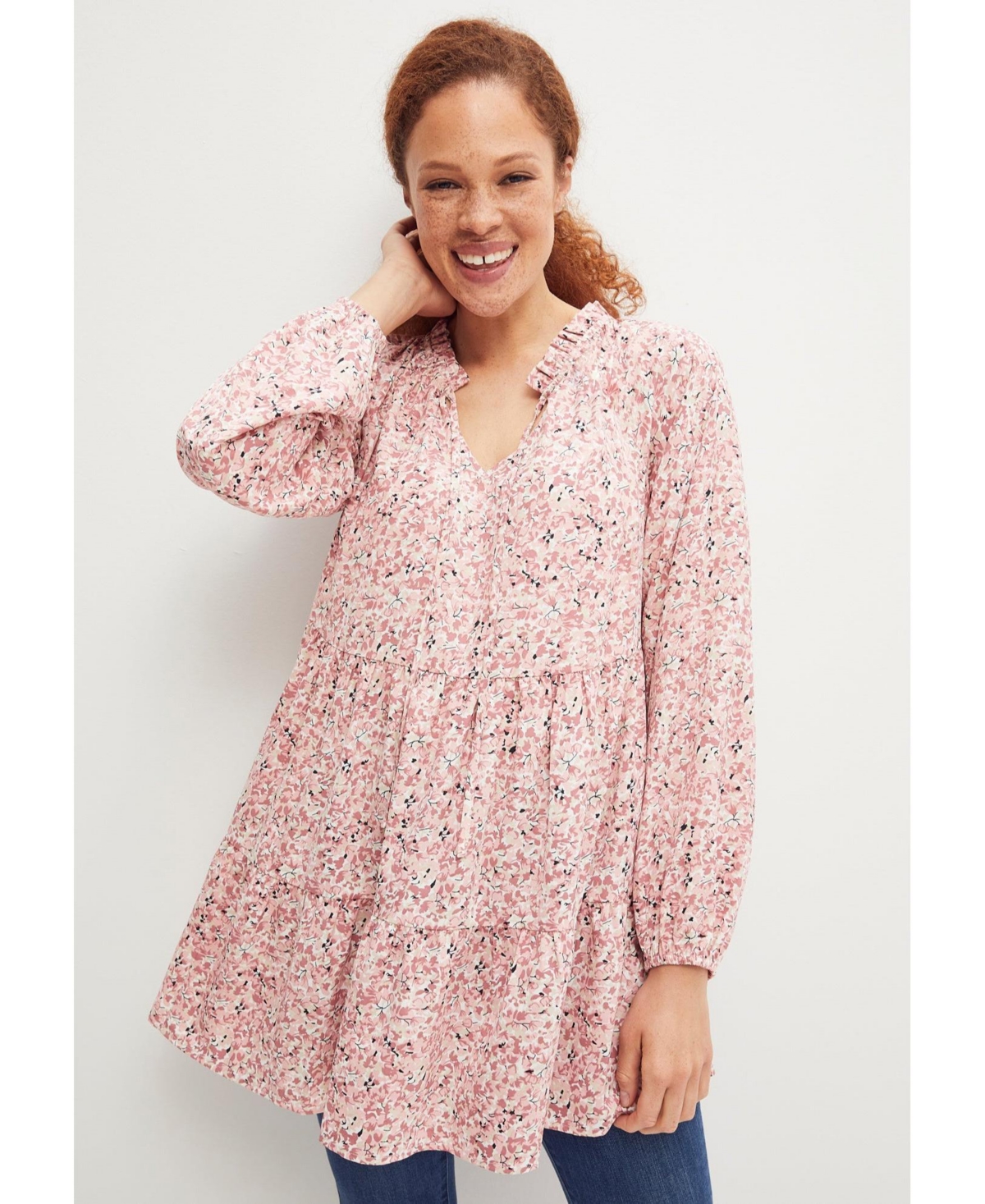 Click here for ellos Womens Ruffle-Neck Tiered Tunic - Ivory rose... prices