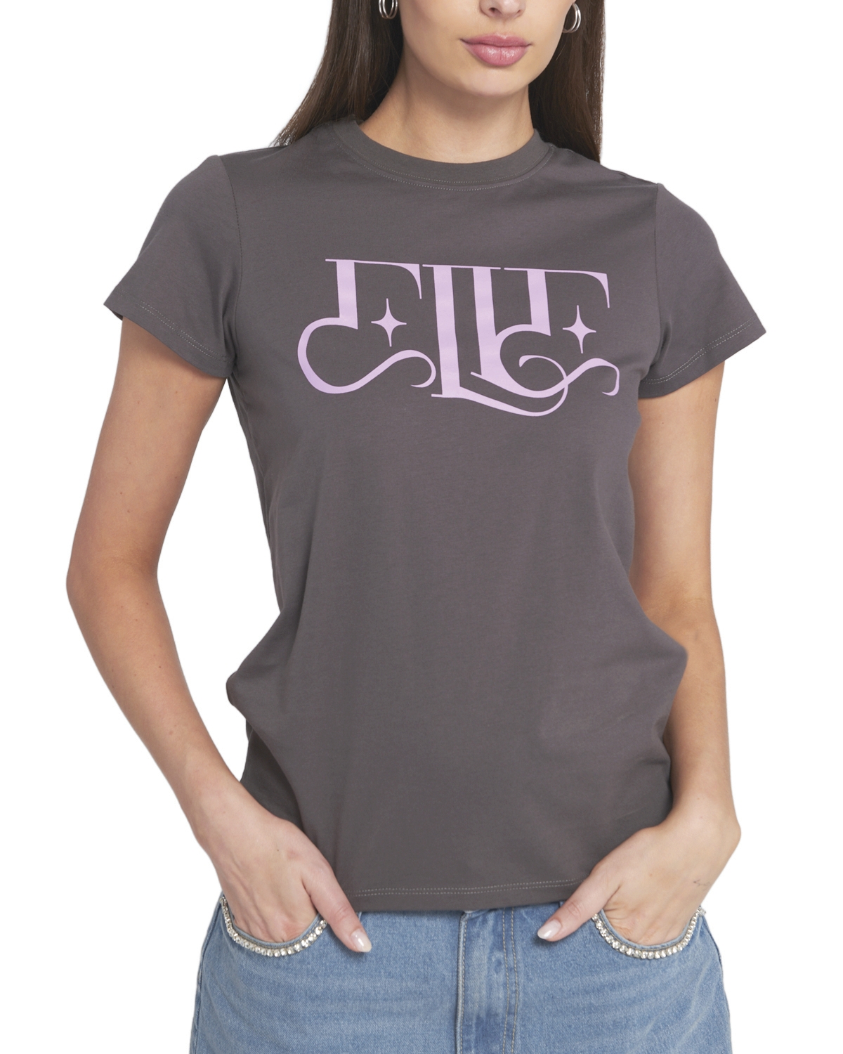 Elle Collection Womens Magical Logo Graphic Tee T-Shirt - Gray