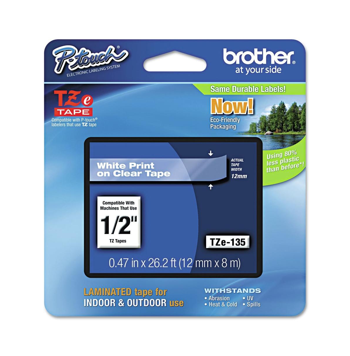 Brother P-Touch TZE135 TZe 0.47 in. x 26.2 ft. Standard Adhesive Laminated Labeling Tape - White on Clear - Clear