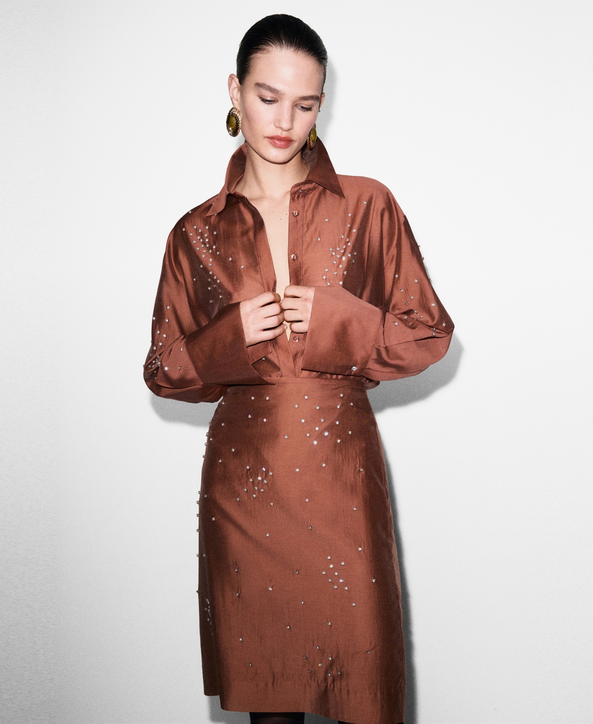 Click here for Mango Womens Rhinestones Lyocell Shirt - Russet prices