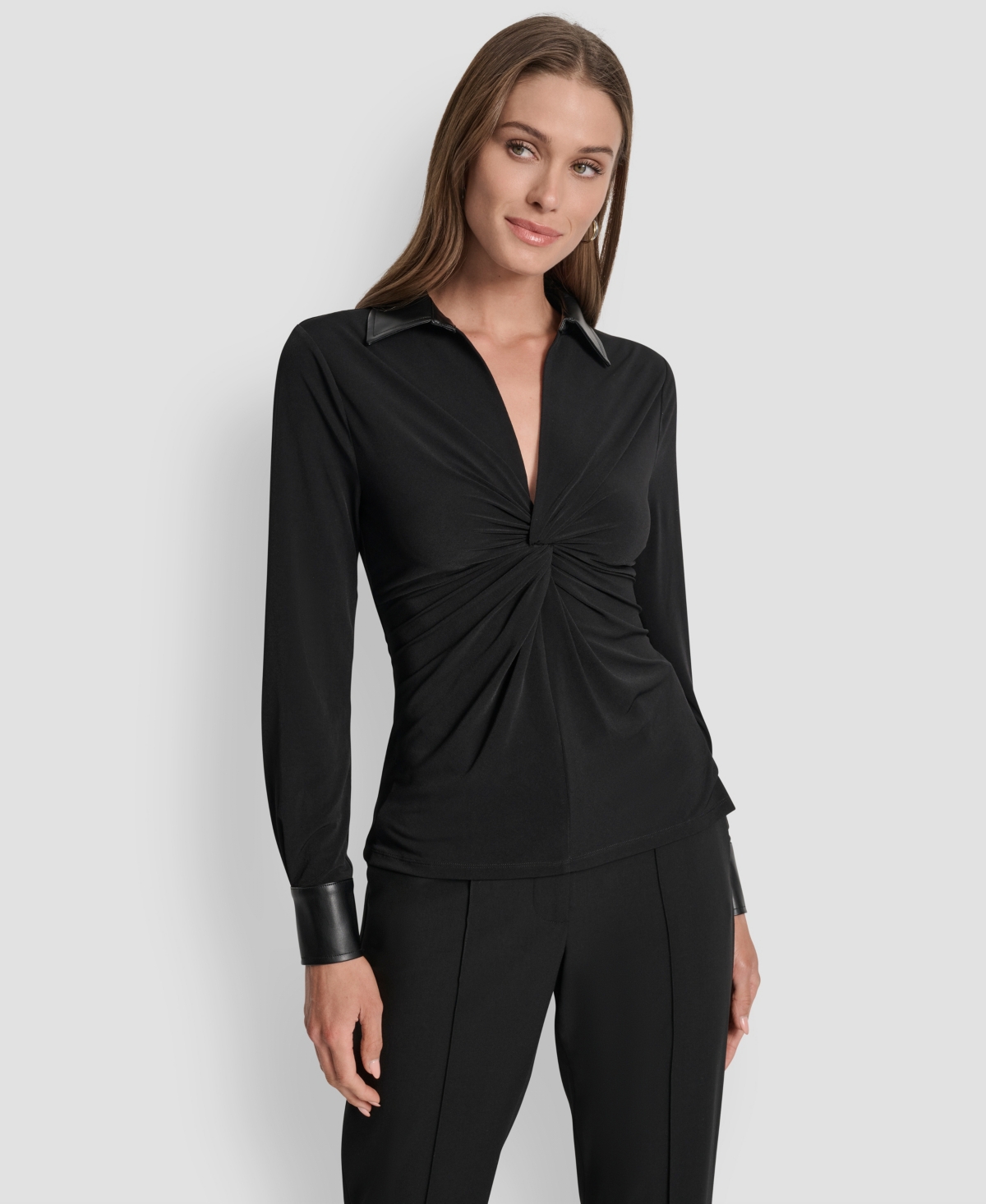 Click here for Dkny Womens Twist-Front Contrast-Trim Pull-On Top... prices