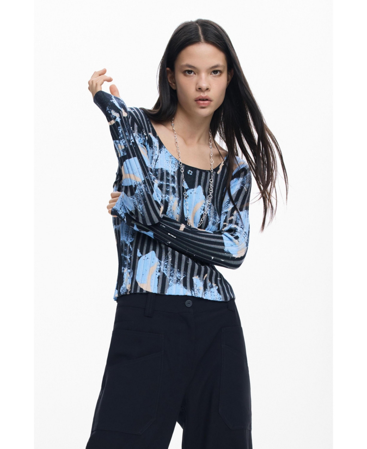 Click here for Desigual Womens Fine Floral-Texture Sweater - Blue prices