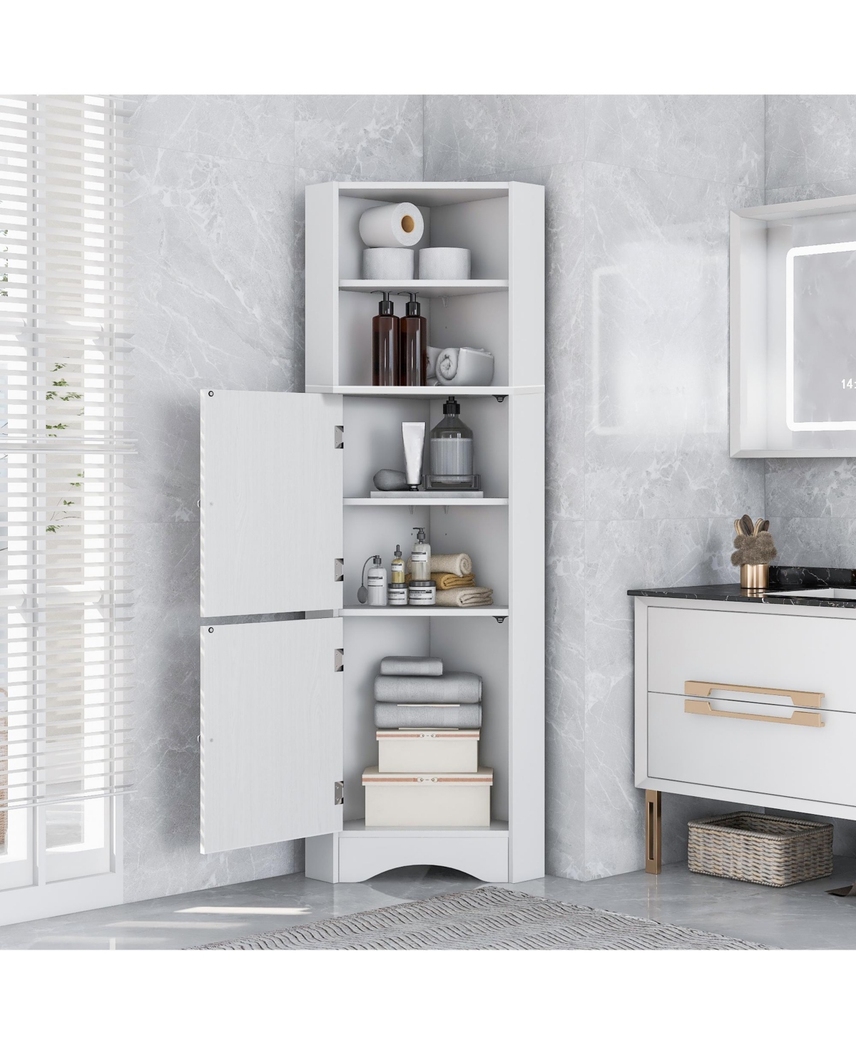 Click here for Lovmor White Corner Cabinet with Wood Grain Surfac... prices