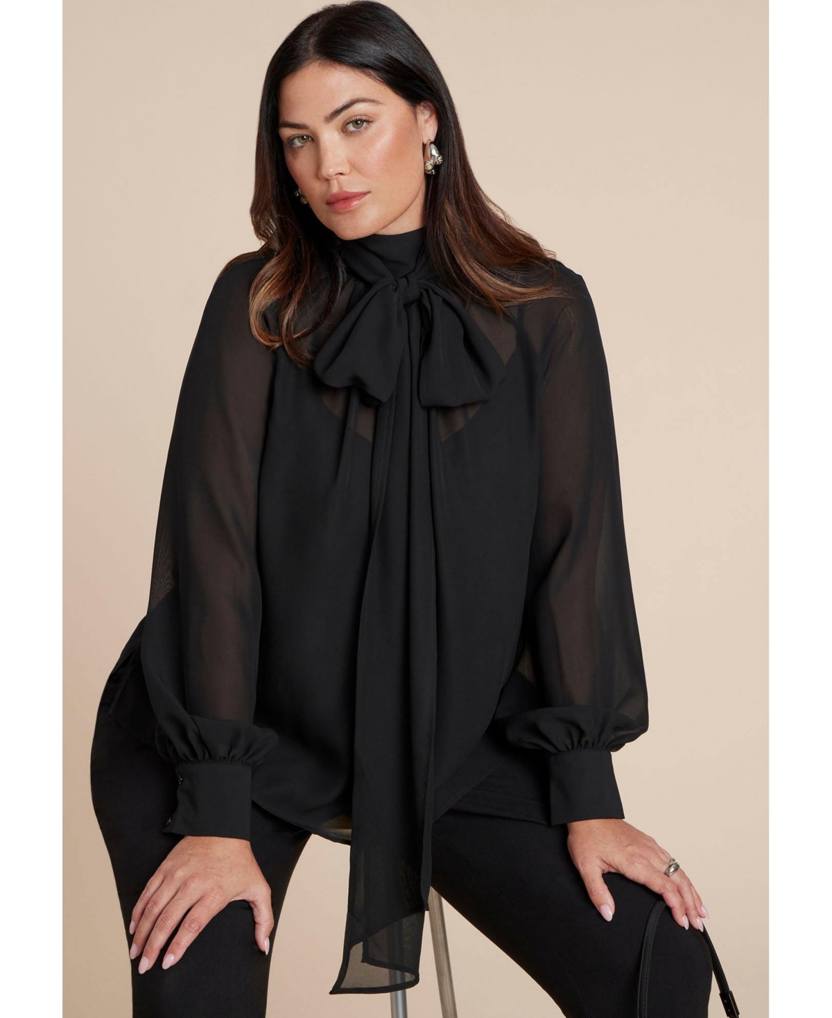 Click here for Eloquii Womens Sheer Neck Tie Blouse - Black onyx prices