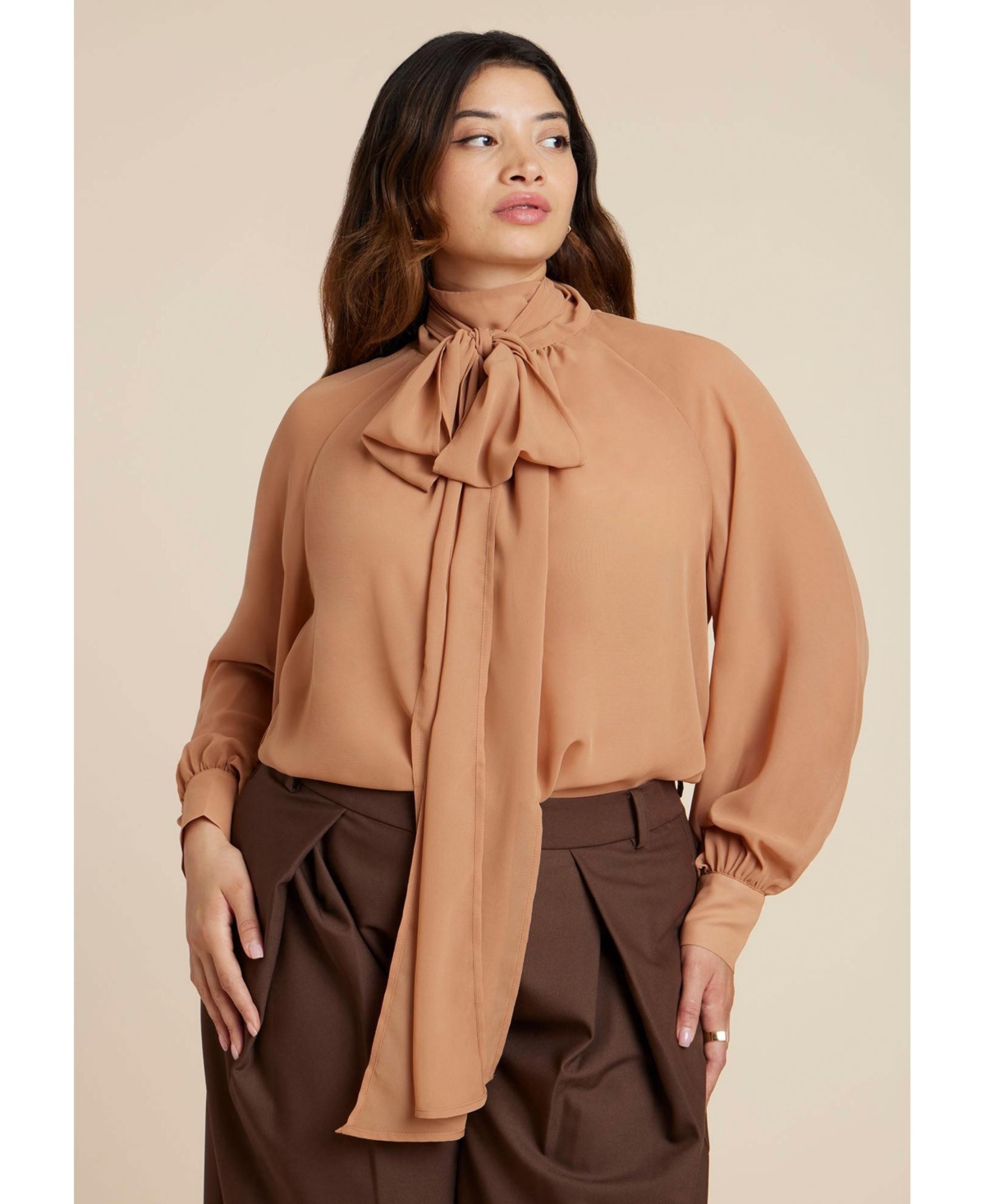 Click here for Eloquii Womens Sheer Neck Tie Blouse - Apple cinna... prices