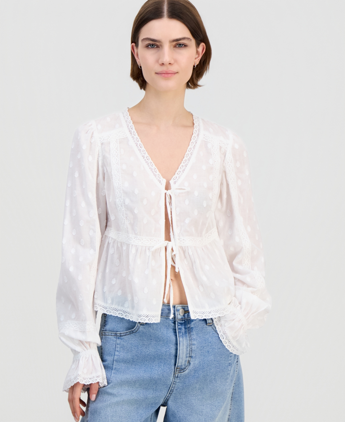 Click here for And Now This Womens Cotton Lace-Trim Tie-Front Top... prices