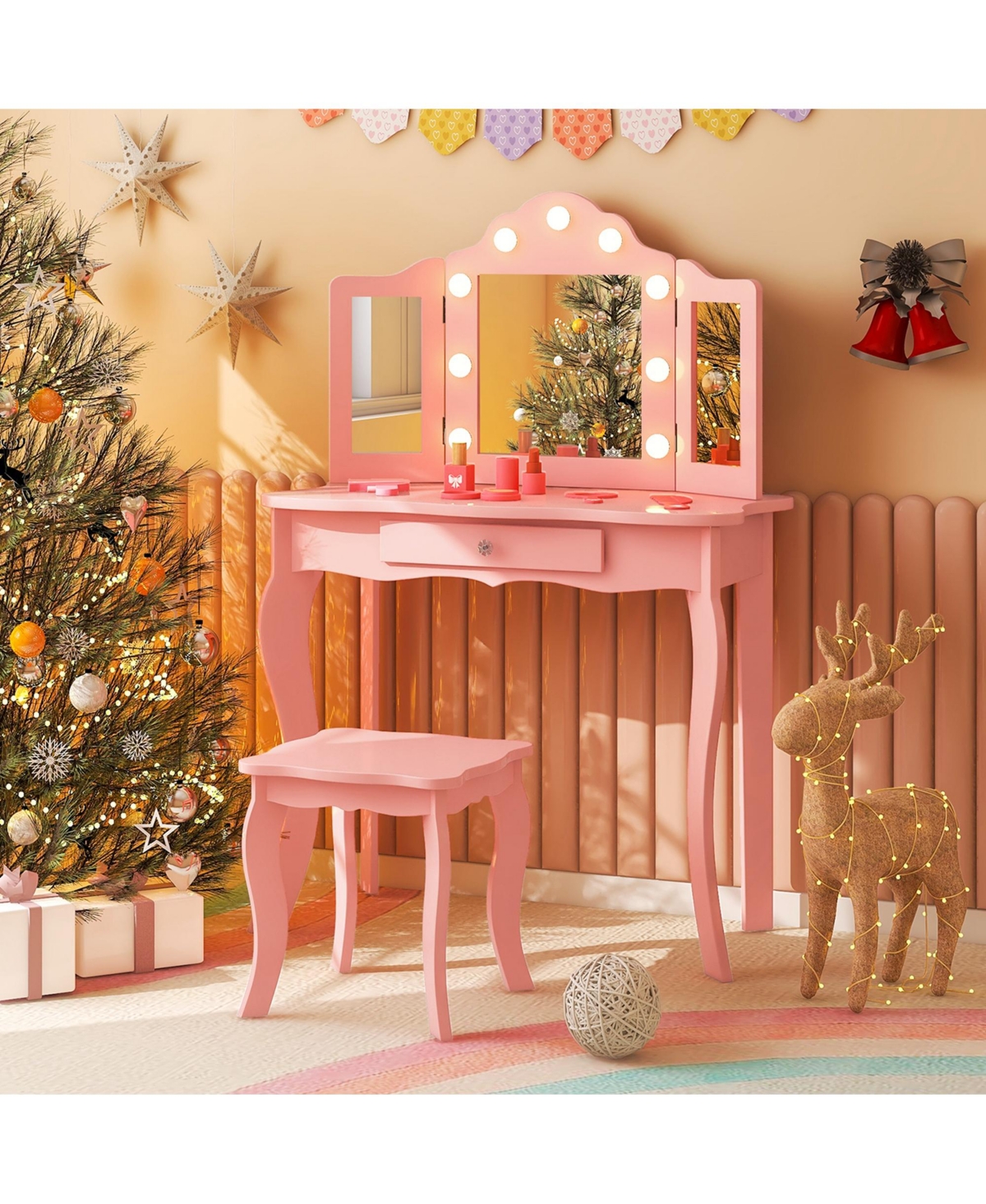 Click here for Costway Kid Vanity Table Stool Set Tri-Folding Mir... prices