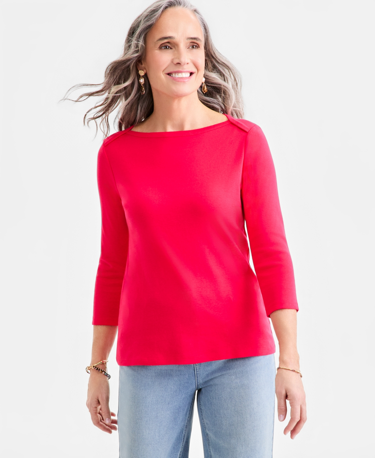Click here for Style & Co Womens Petite Pima Cotton 3/4-Sleeve Bo... prices