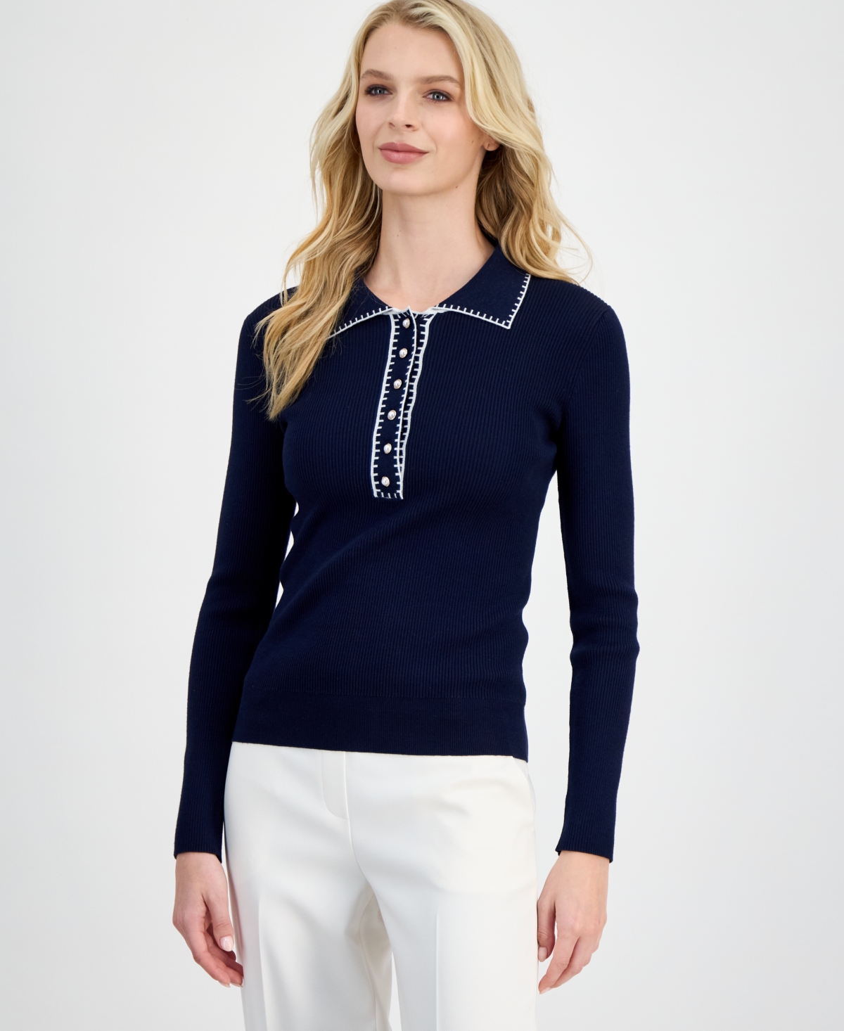 Click here for T Tahari Womens Whipstitch Trim Ribbed Knit Sweate... prices