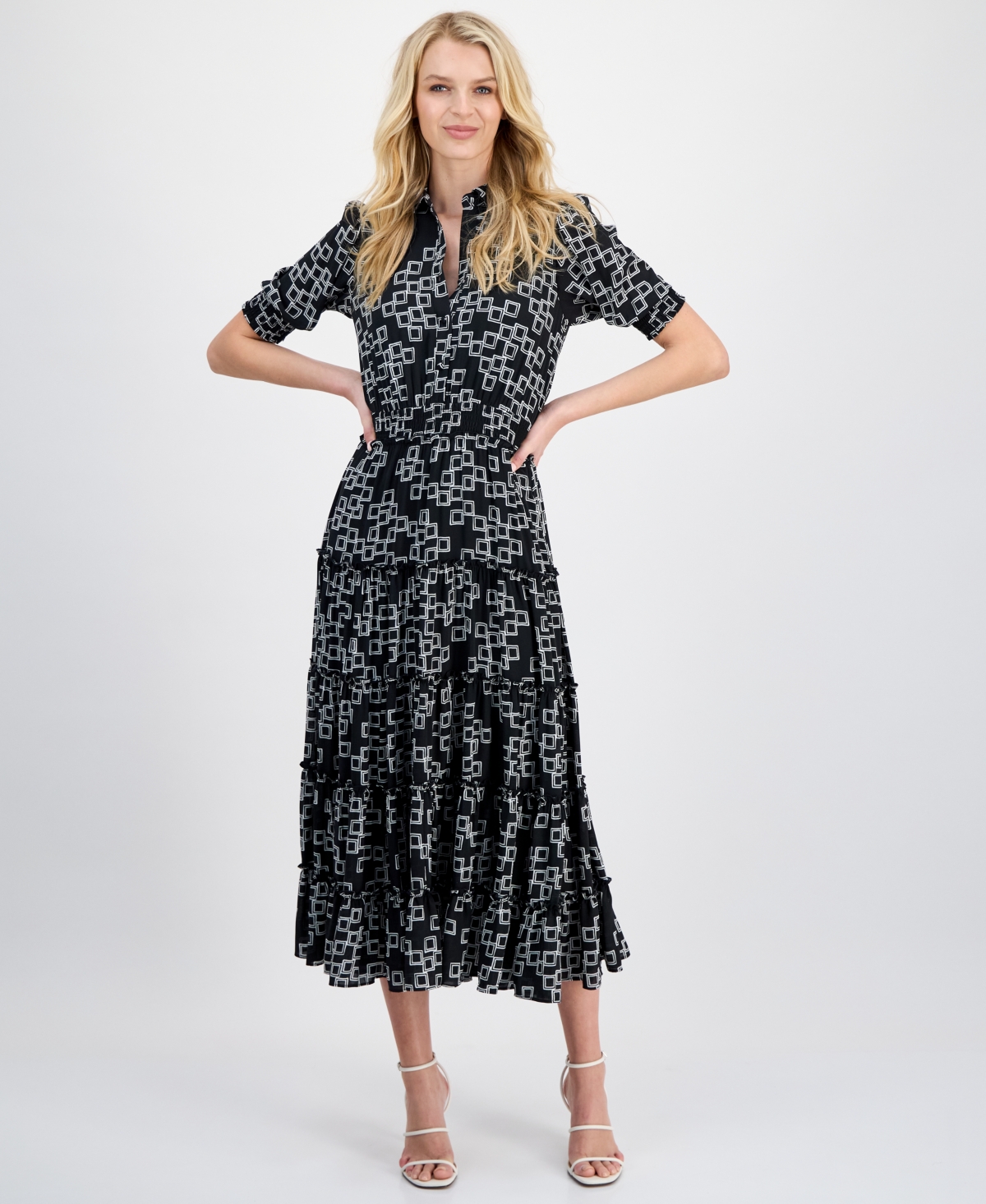 Click here for T Tahari Womens Printed Collared Midi Dress - Blac... prices