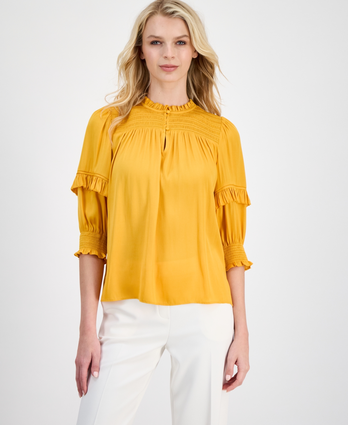 Click here for T Tahari Womens Smocked Ruffle-Trim Elbow-Sleeve T... prices