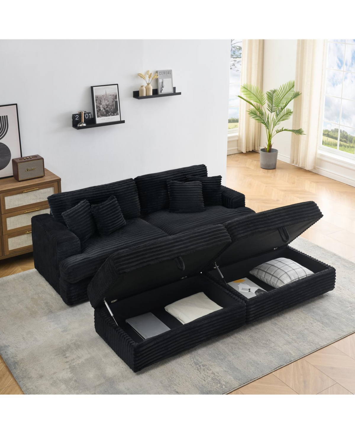 Click here for Streamdale Furniture Black Corduroy Sofa w/ Storag... prices