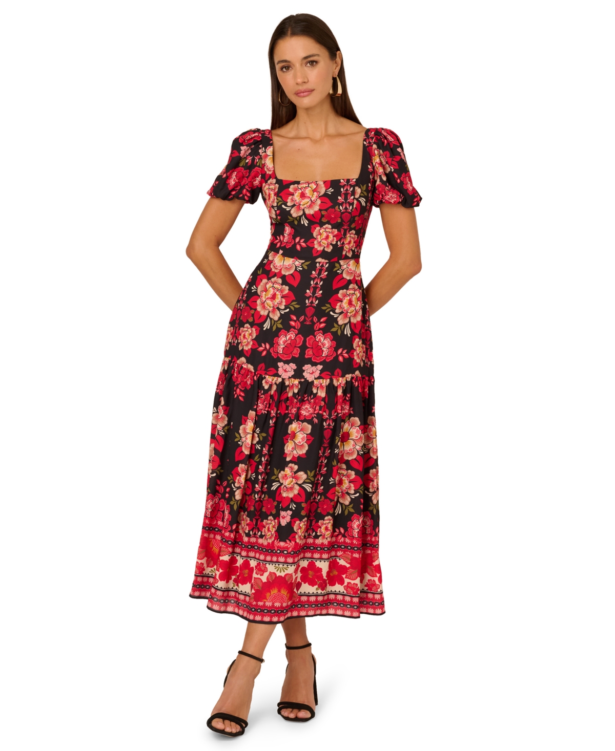 Click here for Adrianna Womens Printed Puff-Sleeve Midi Dress - B... prices