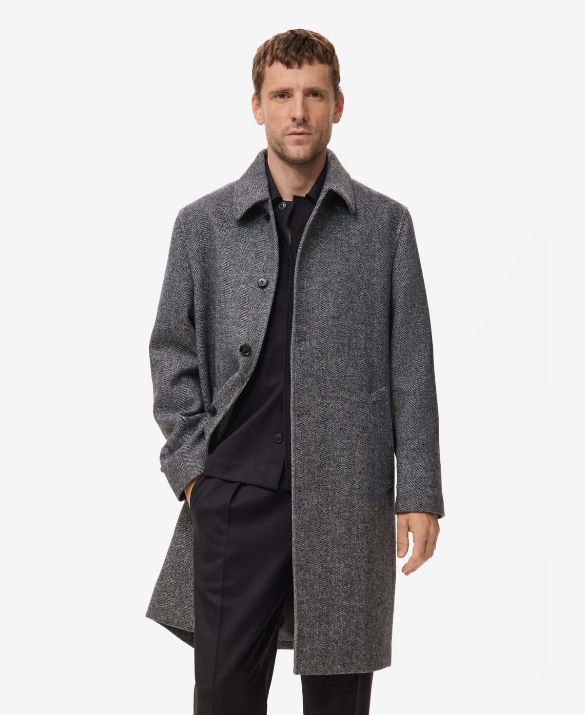 Click here for Mango Mens Herringbone Wool-Blend Coat - Gray prices