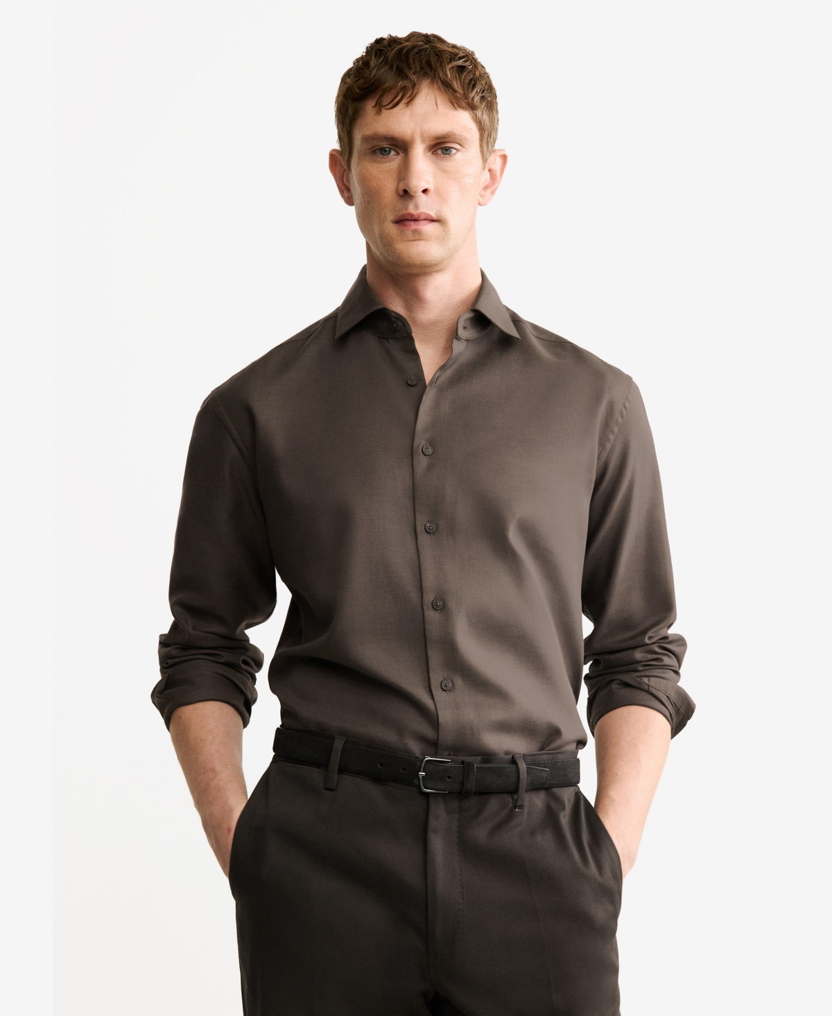 Click here for Mango Mens Classic-Fit Cotton Shirt - Brown prices