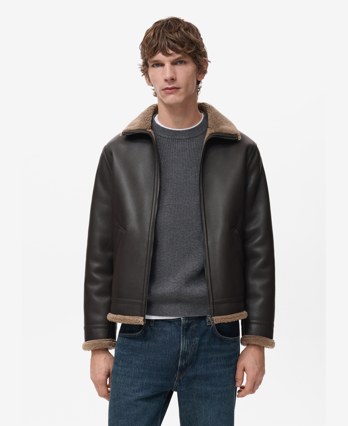 Click here for Mango Mens Faux-Leather Fleece Jacket - Chocolate prices