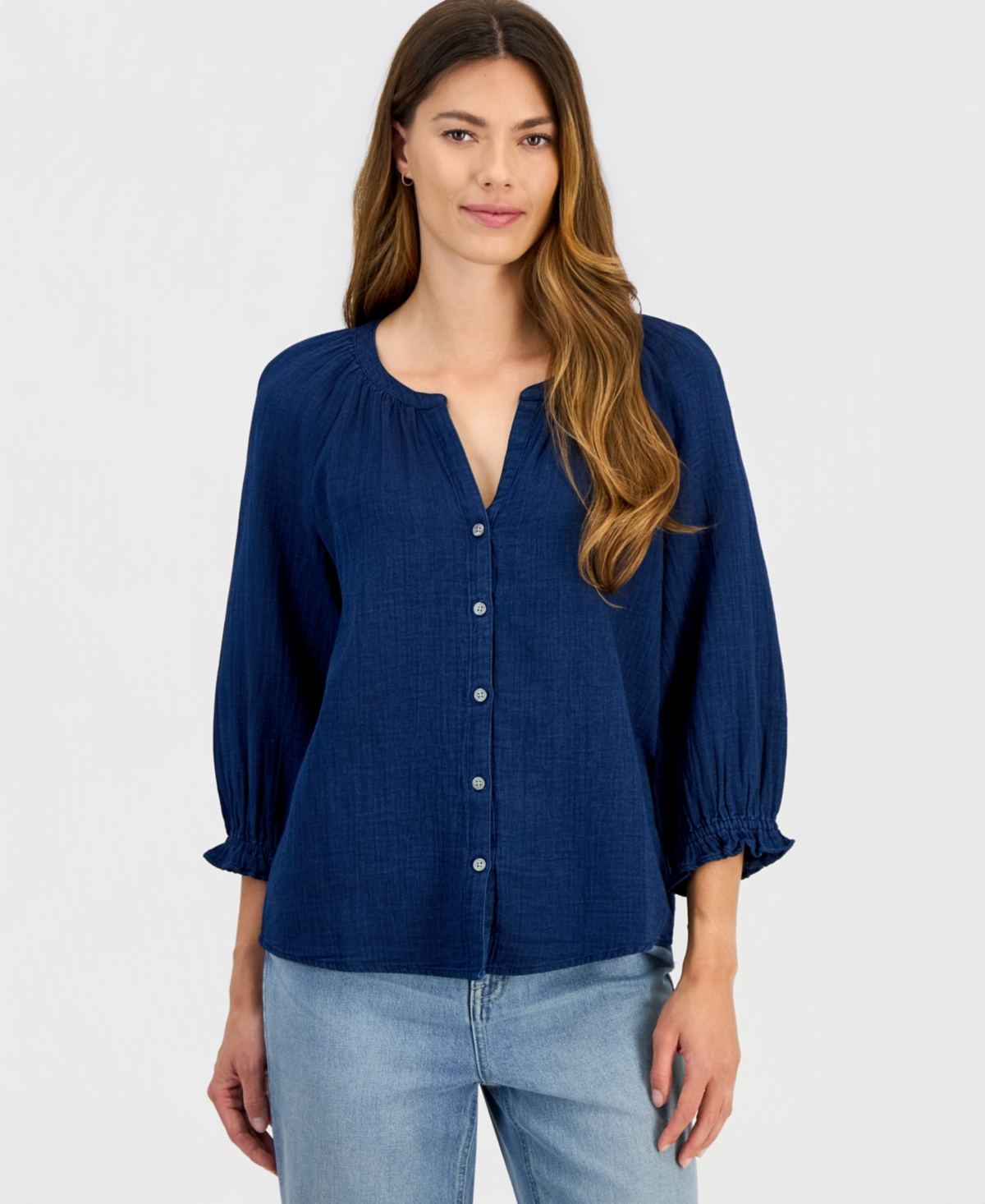 Click here for Style & Co Womens True Indigo Cotton Blouse  Macys... prices