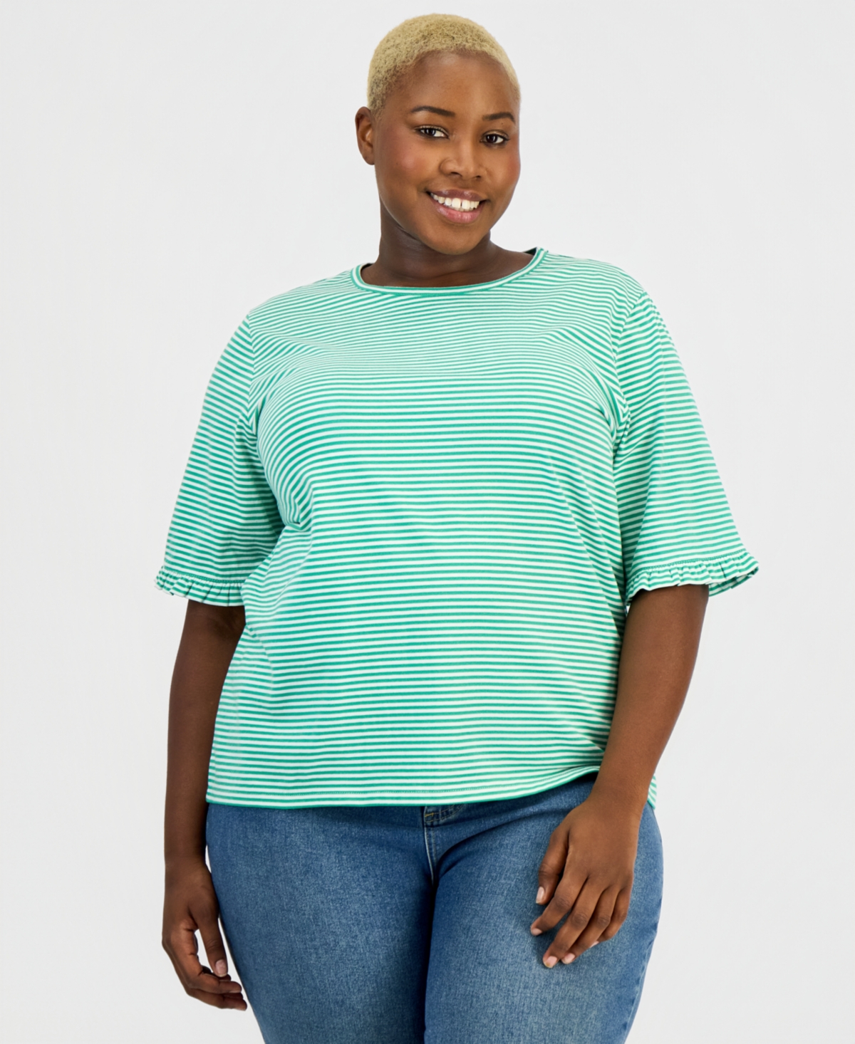 Click here for Jones New York Plus Size Striped Ruffle-Sleeve Tee... prices