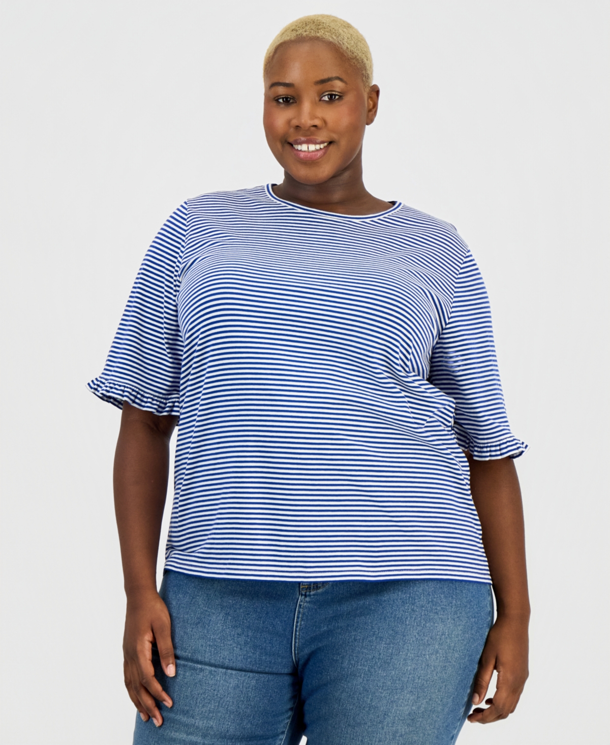 Click here for Jones New York Plus Size Striped Ruffle-Sleeve Tee... prices