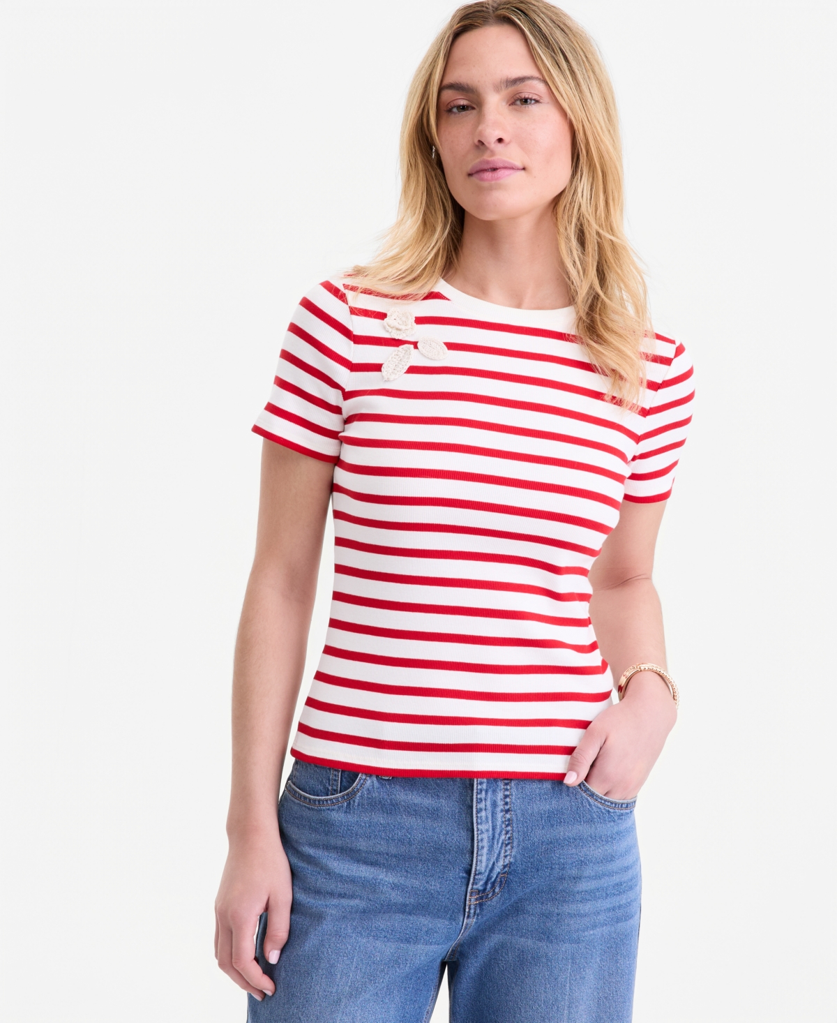 Click here for On 34th Womens Crochet-Trim Striped T-Shirt  Macys... prices