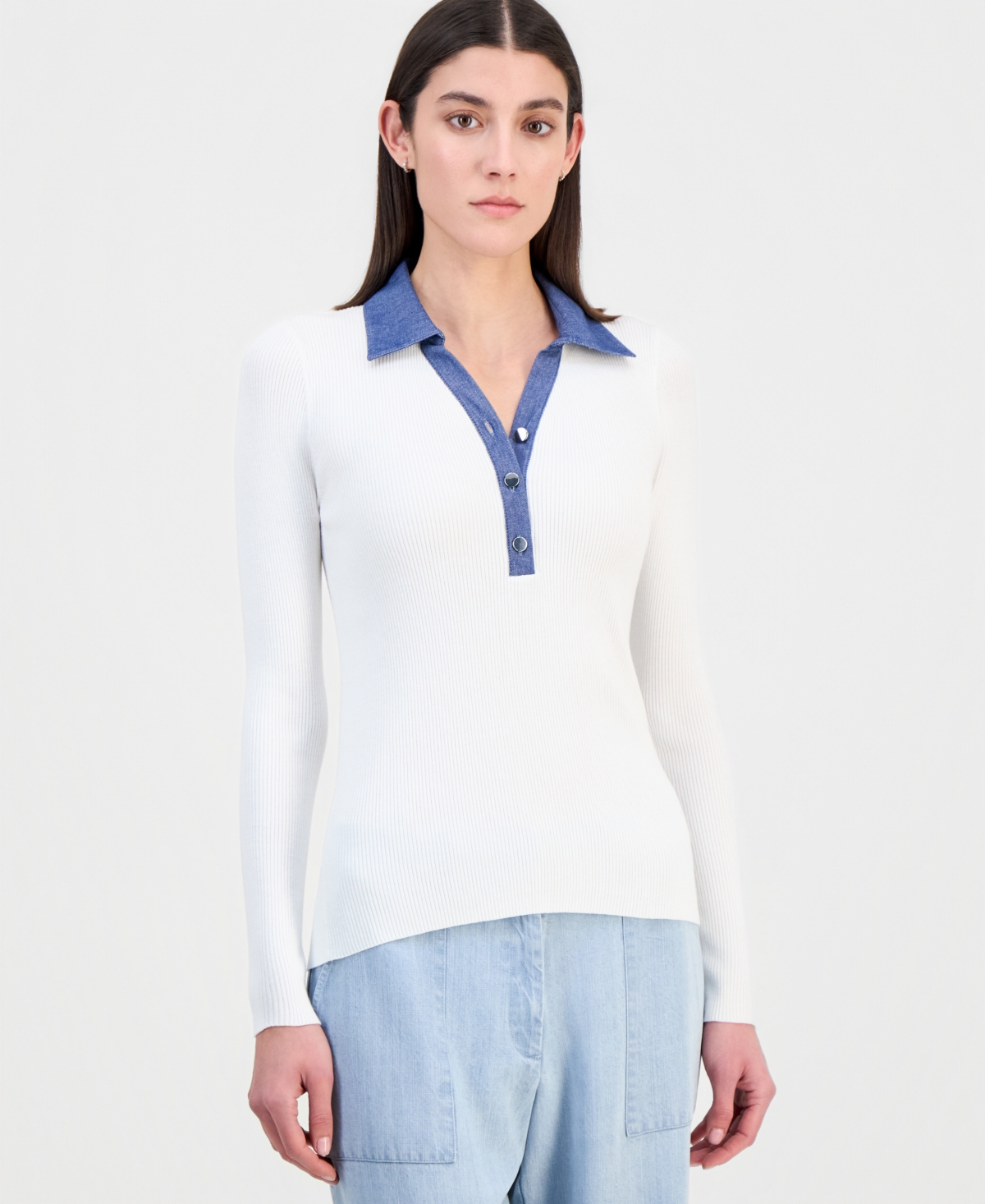 Click here for T Tahari Womens Contrast Collared Ribbed Knit Swea... prices