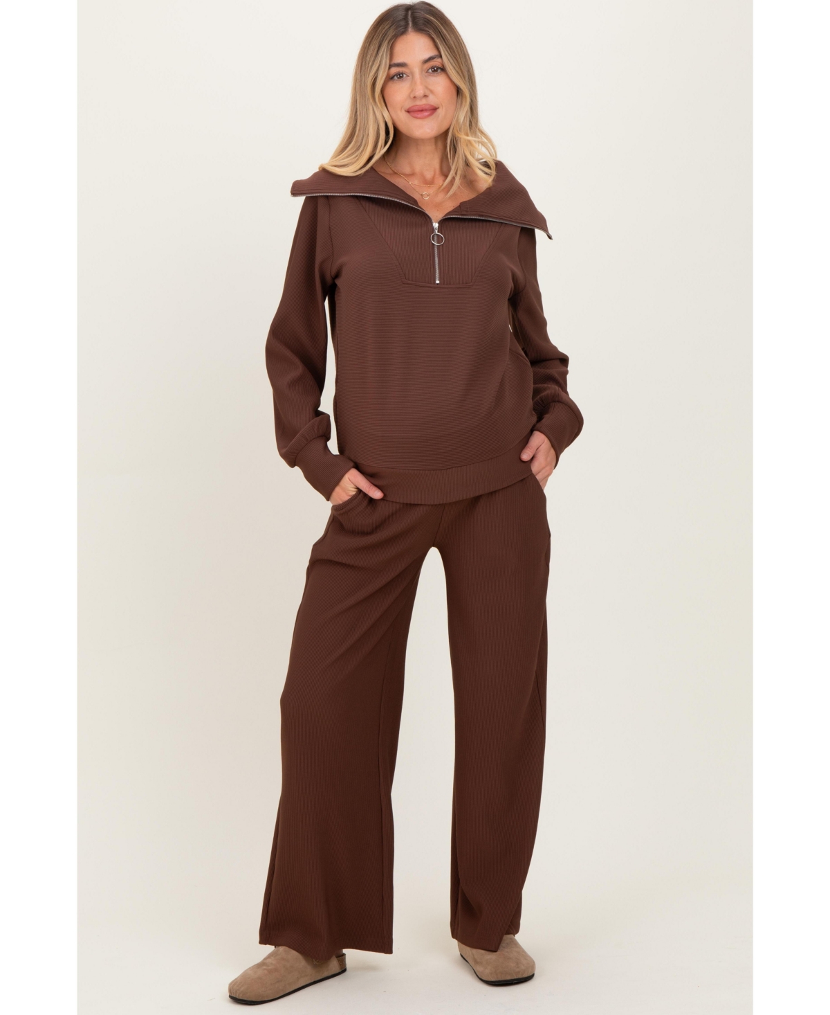 Click here for Pinkblush Maternity Brown Ribbed Half Zip Pullover... prices