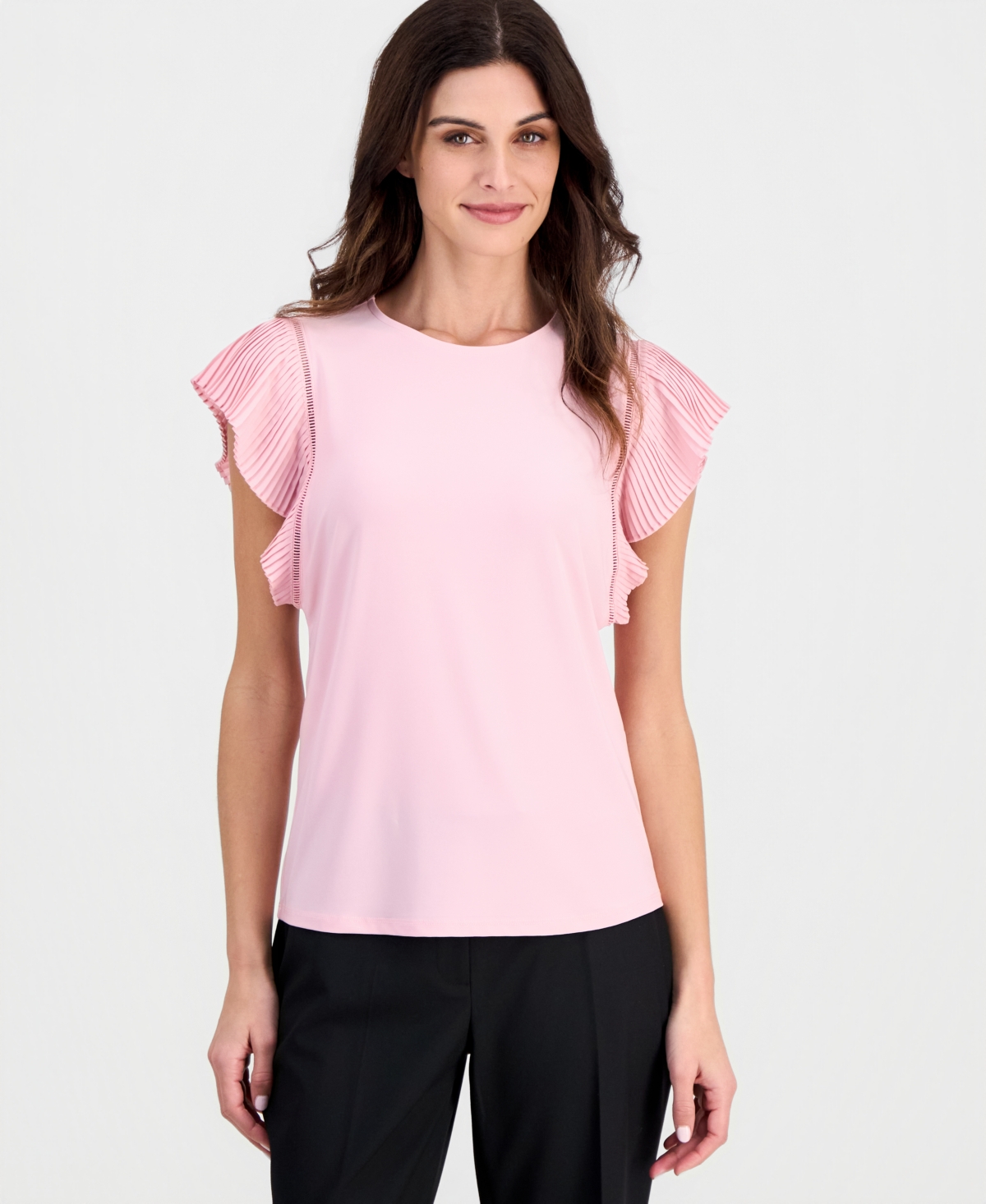 Click here for Anne Klein Womens Round-Neck Ruffled-Sleeve Top -... prices