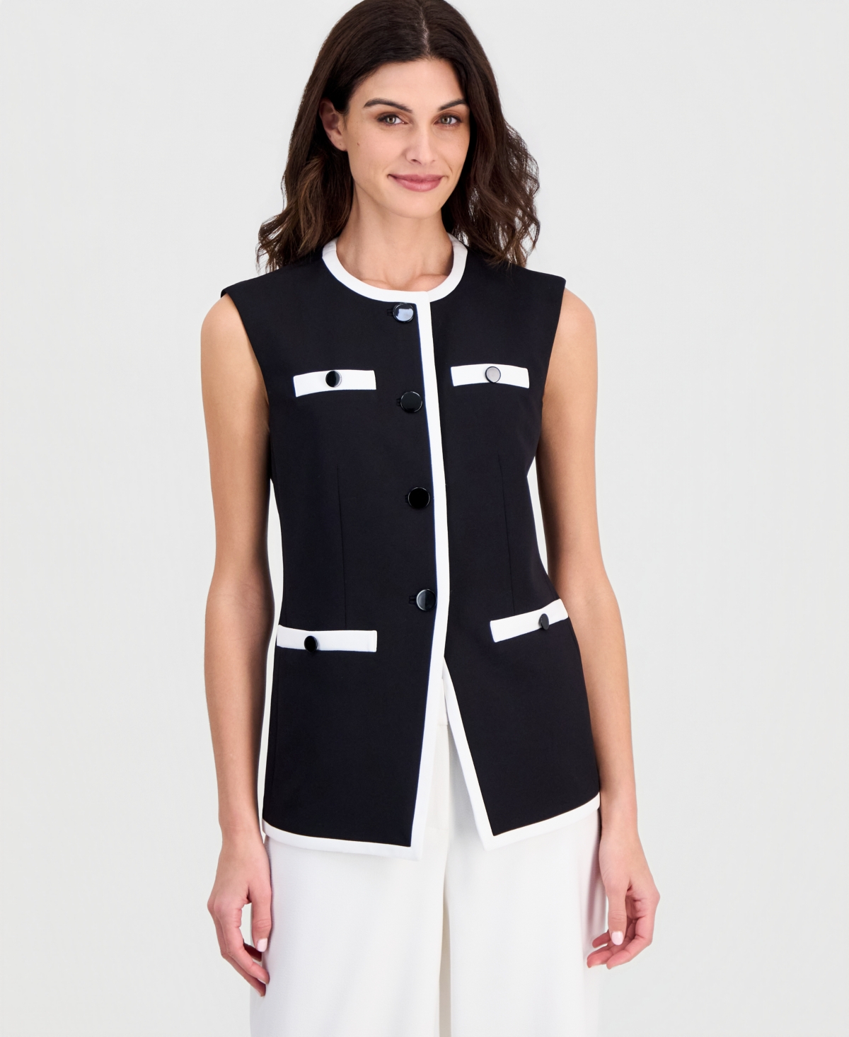 Click here for Anne Klein Womens Contrast Trim Four-Button Vest -... prices