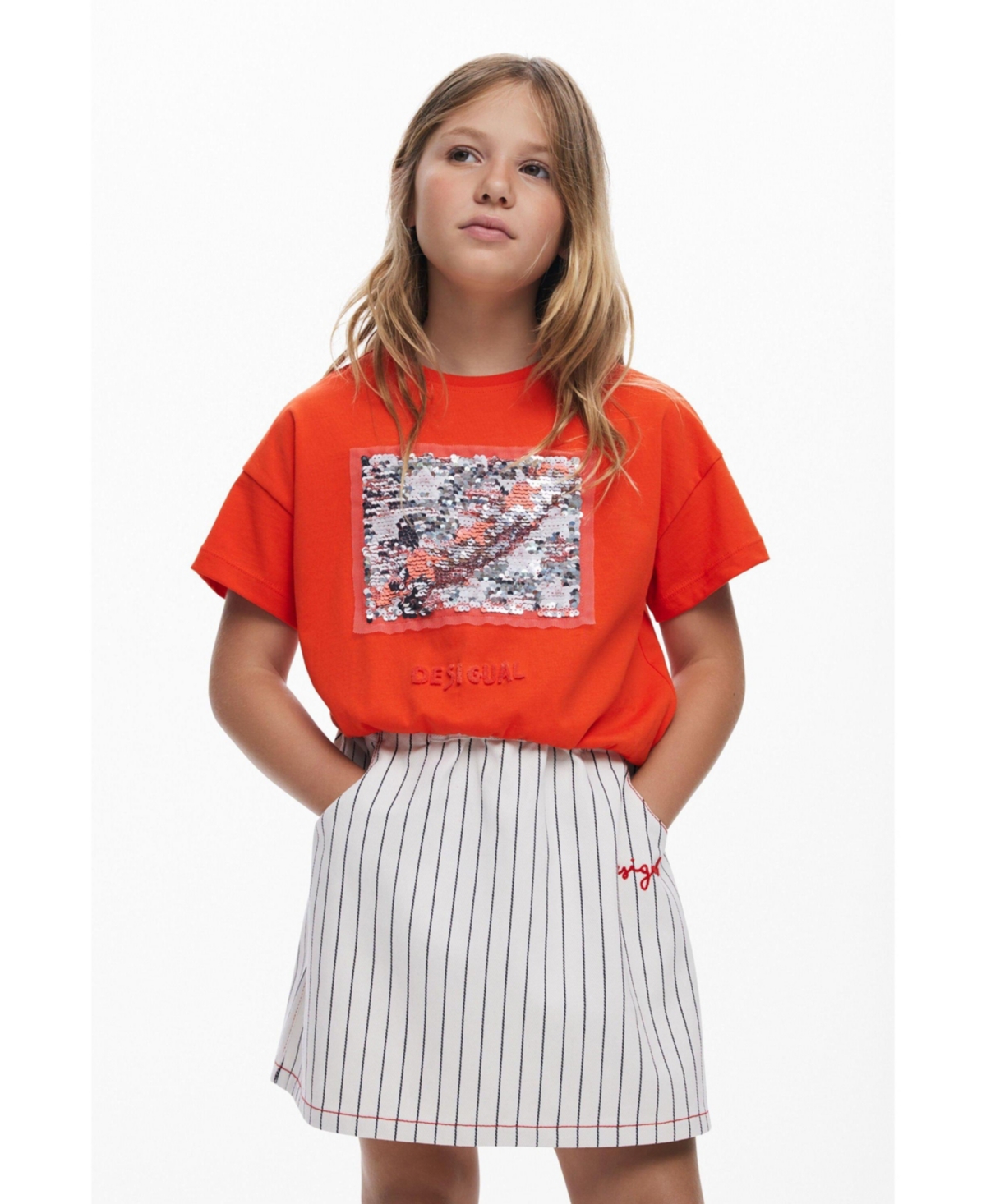 Click here for Desigual Girls Girlss Sequin T-shirt - Orange red prices