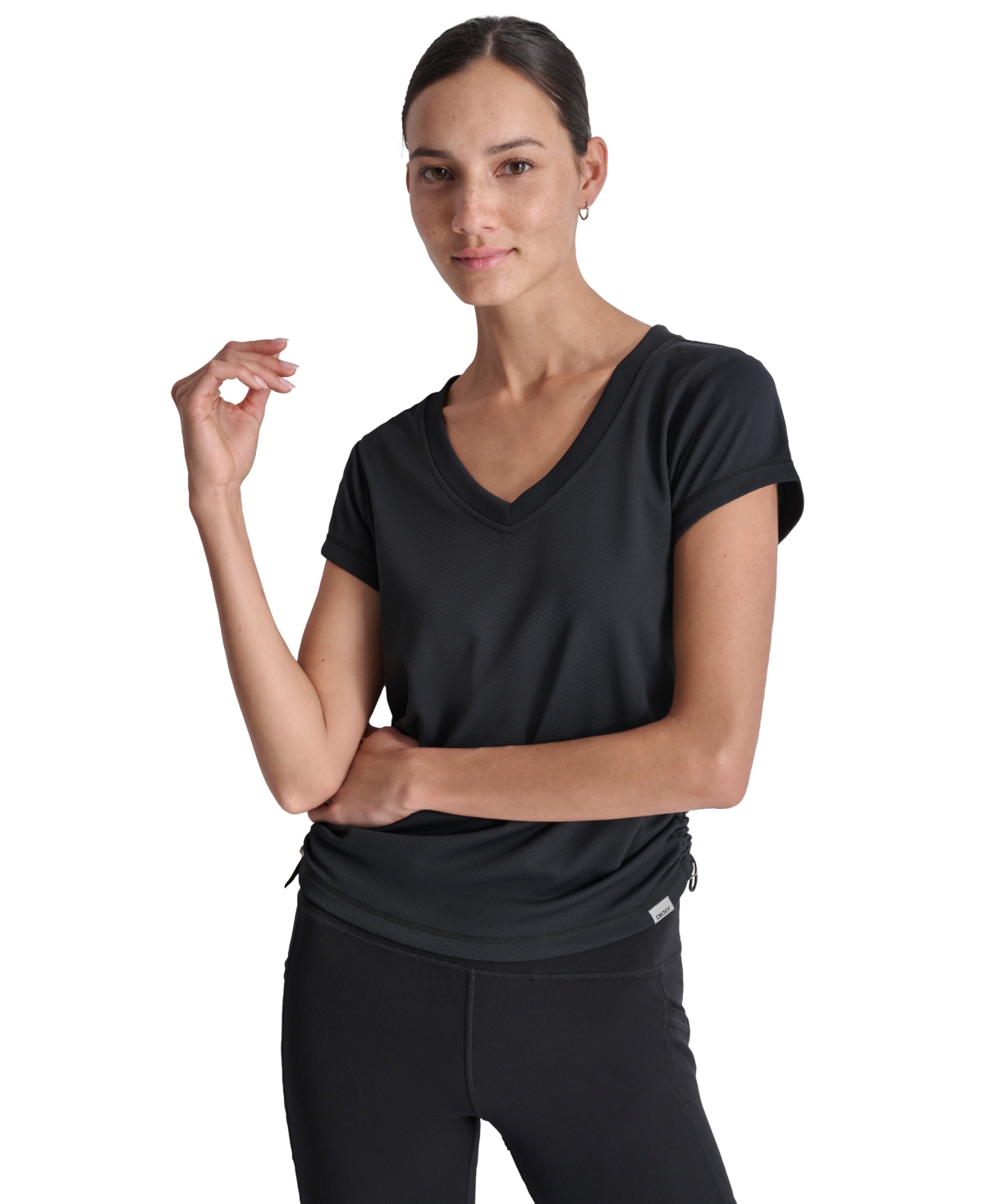 Click here for Dkny Sport Womens Ruched Side Seams V-Neck Tech T-... prices