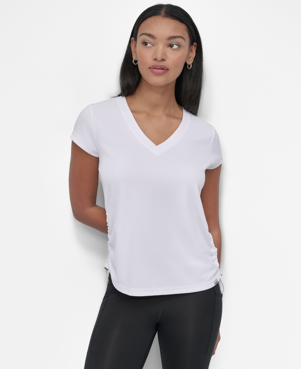 Click here for Dkny Sport Womens Ruched Side Seams V-Neck Tech T-... prices