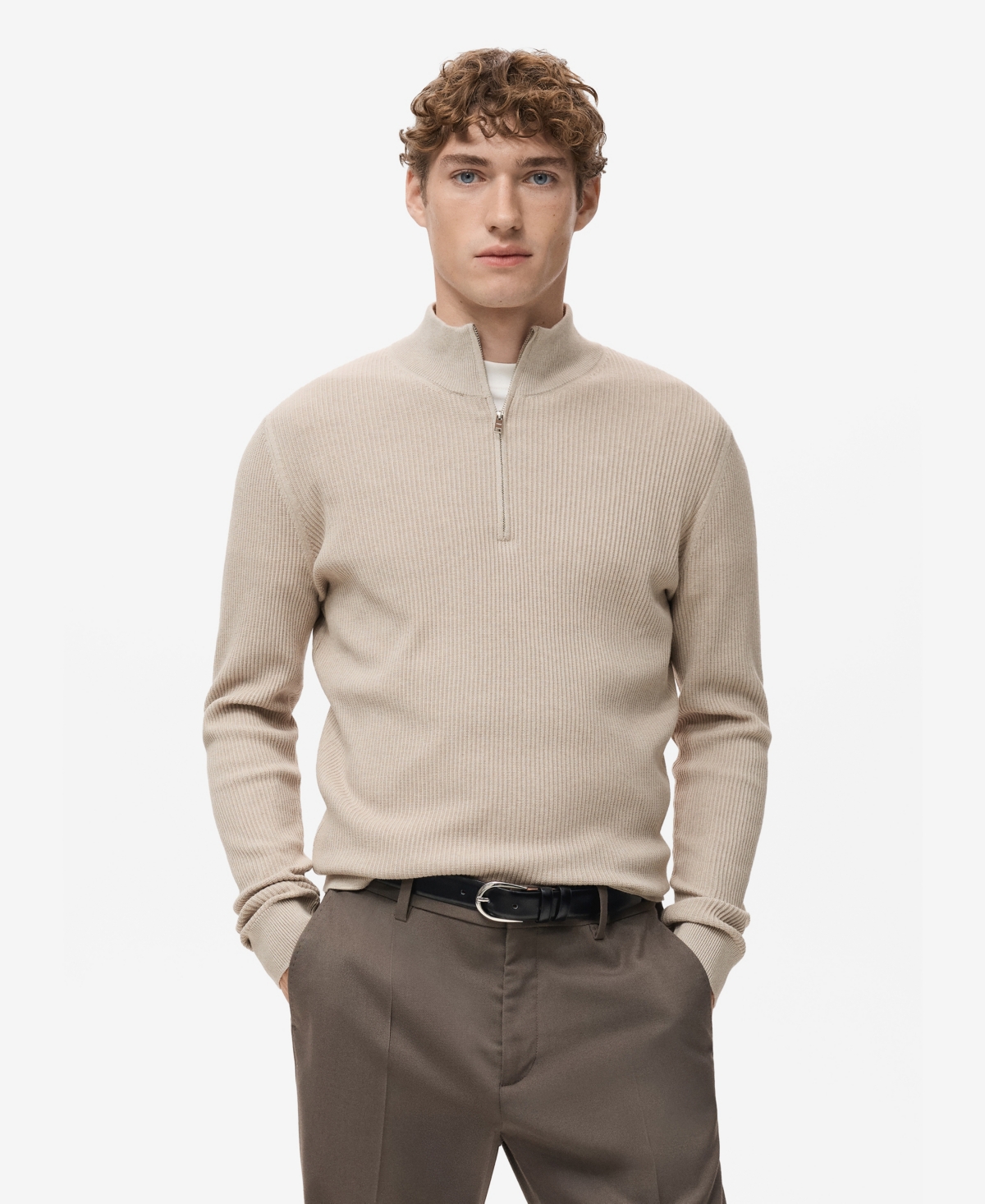 Click here for Mango Mens Zip Neck Ribbed Sweater - Beige prices