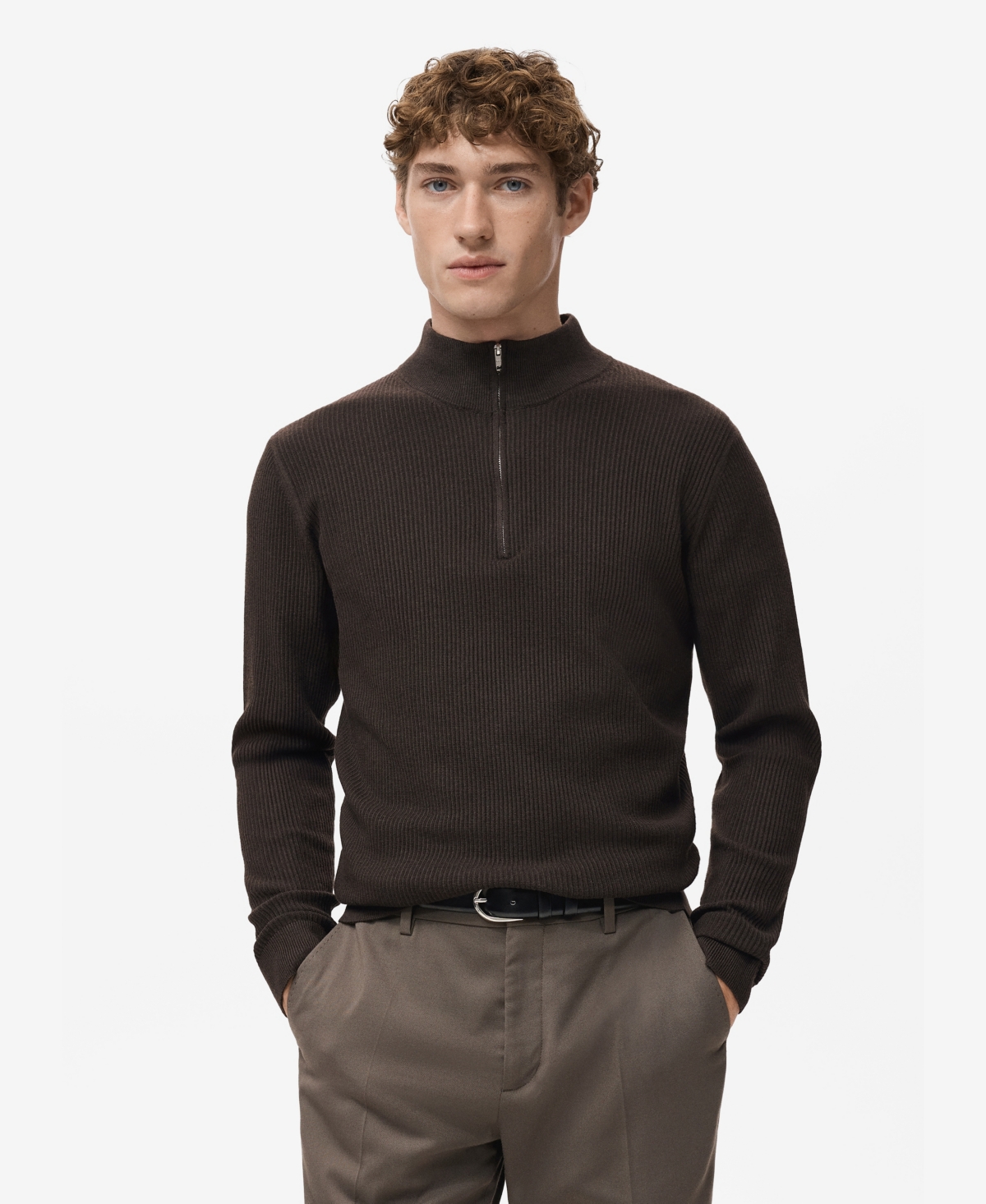 Click here for Mango Mens Zip Neck Ribbed Sweater - Chocolate prices