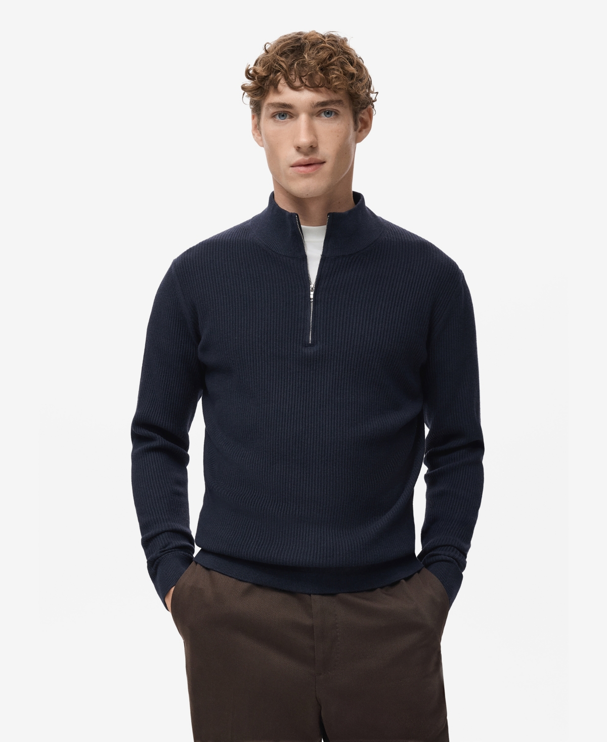 Click here for Mango Mens Zip Neck Ribbed Sweater - Navy prices