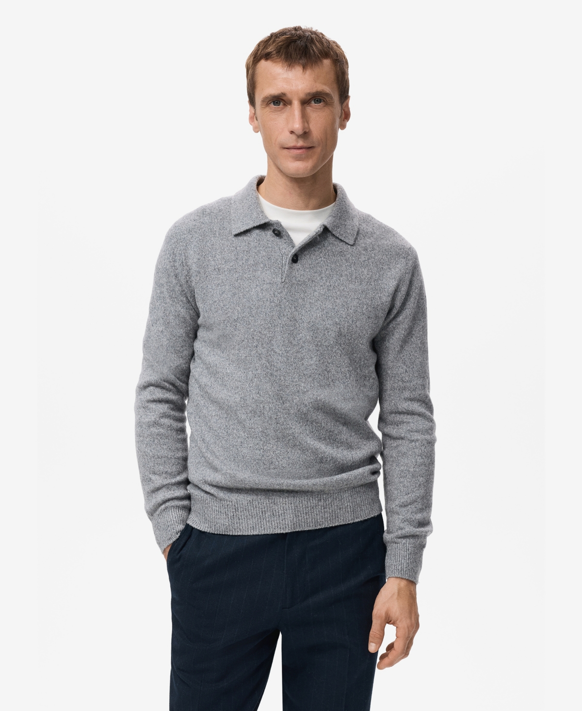 Click here for Mango Mens Knitted Wool Blend Polo Sweater - Gray prices