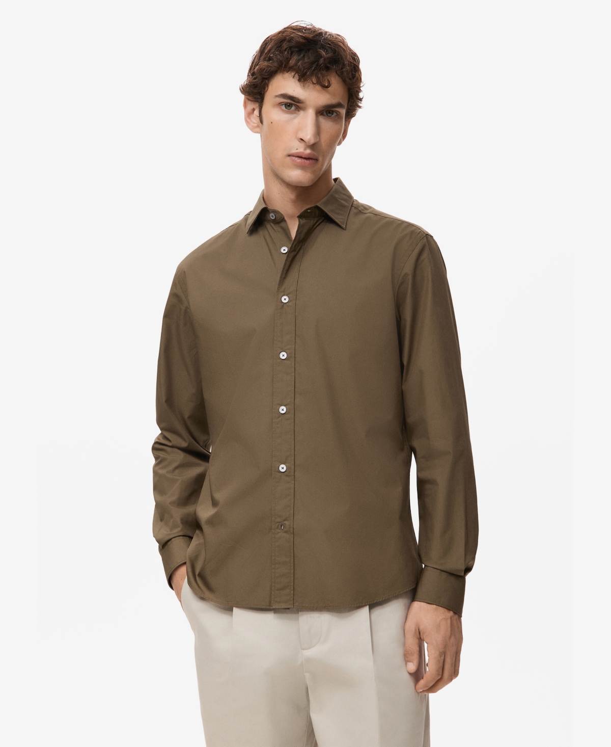 Click here for Mango Mens Regular-Fit Cotton Shirt - Brown prices