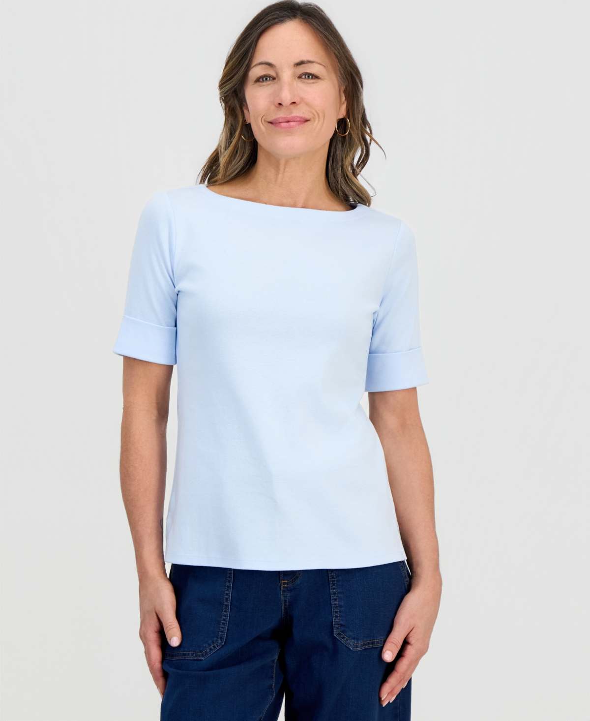 Click here for Style & Co Petite Cotton Elbow-Sleeve Boat-Neck To... prices
