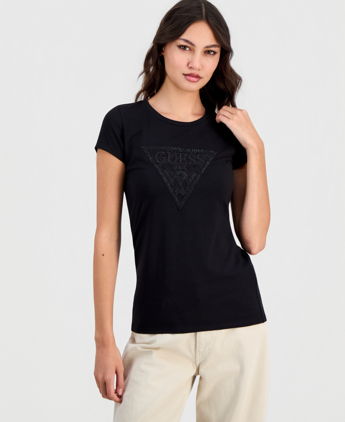 Click here for Guess Womens Lux Triangle Lace Logo Short-Sleeve T... prices